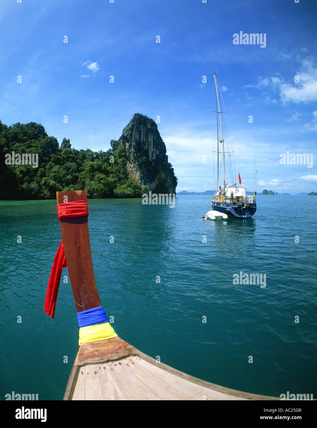 Boat perspective of island and sailboat Stock Photo - Alamy