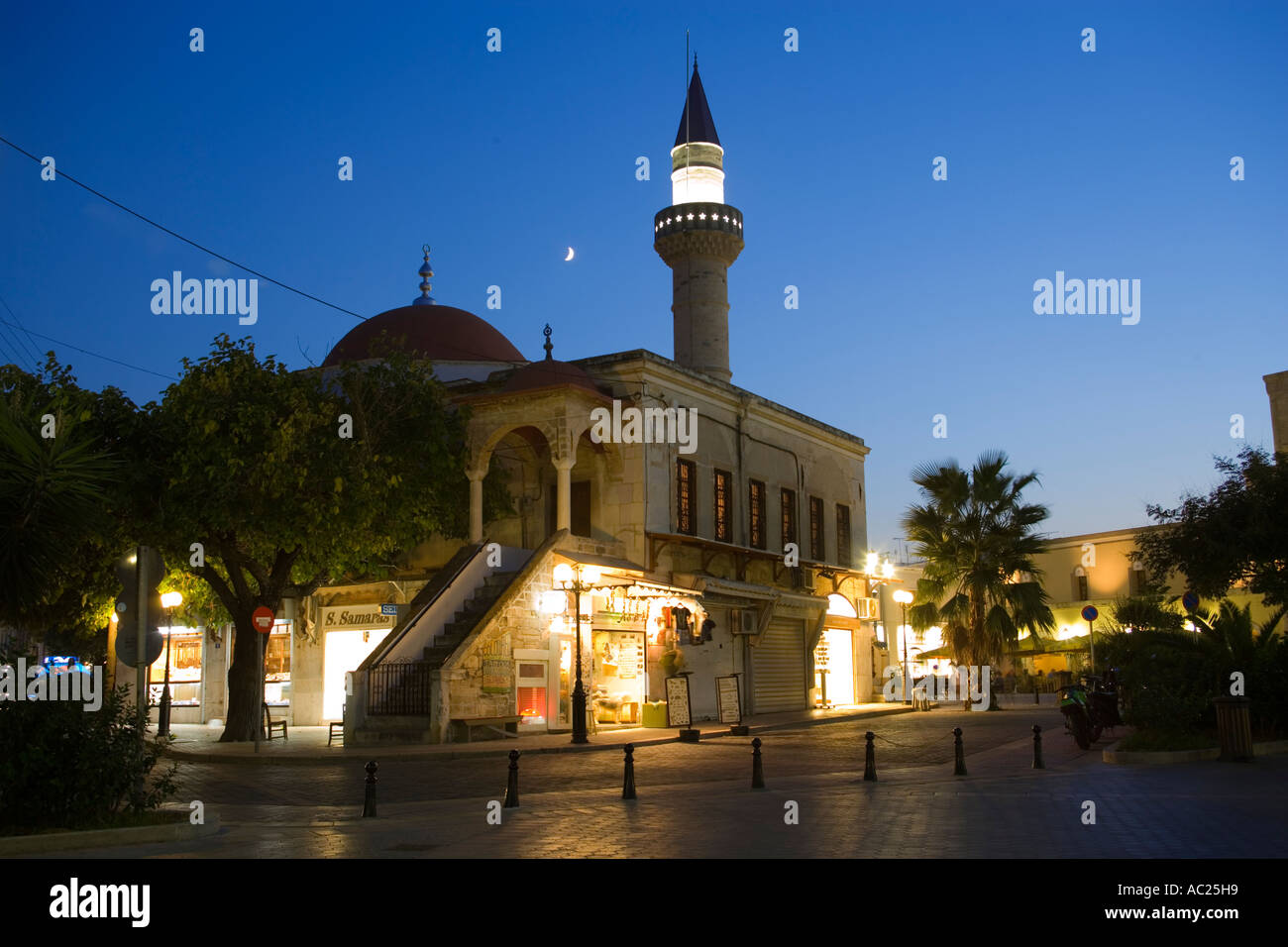 View to the Defterdar Mosque at Platia Eleftherias at night Kos Town ...