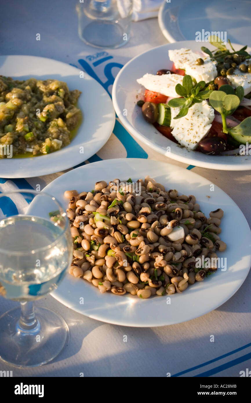 Different greek starters including salat served in the Sea Satin Market ...