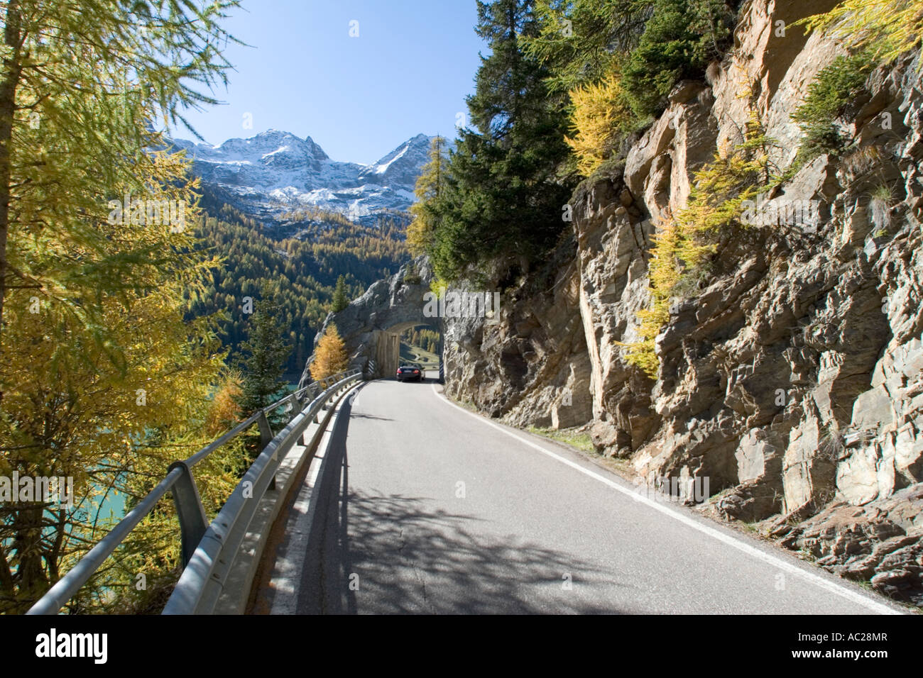 Road alongside Gioveretto lake, Martell valley, Alto Adige, Italy Stock ...