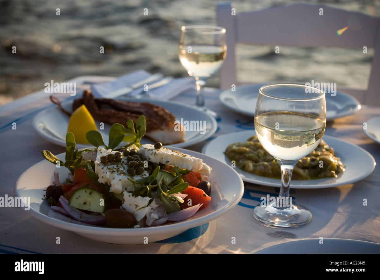Different greek starters including salat served in the Sea Satin Market ...