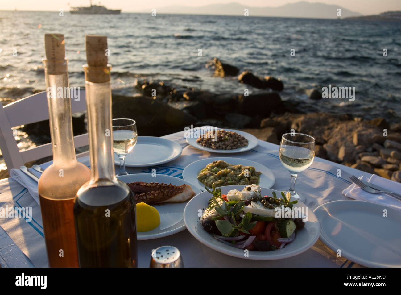 Different greek starters including salat served in the Sea Satin Market ...