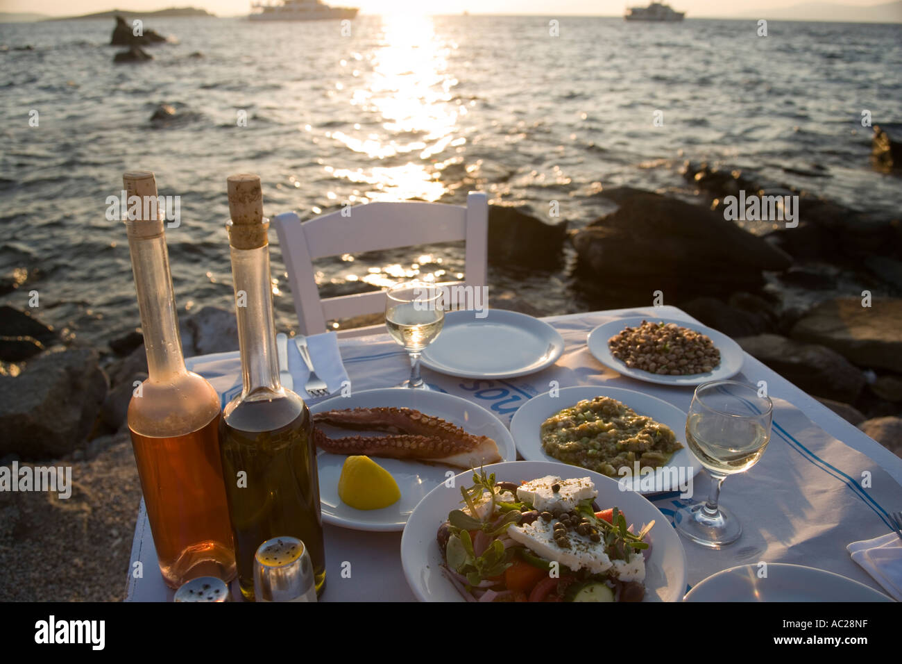 Different greek starters including salat served in the Sea Satin Market ...