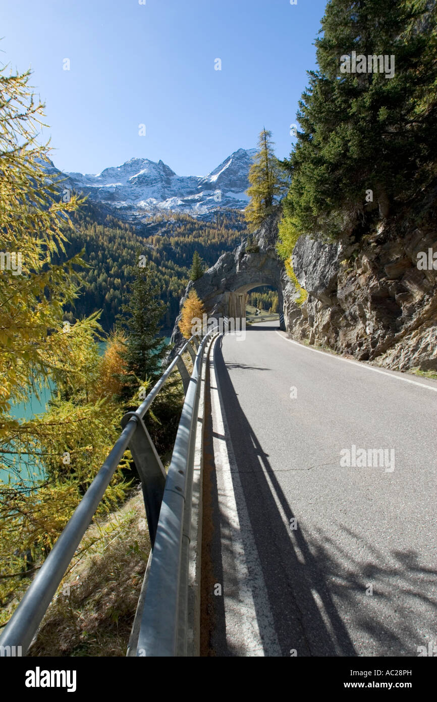 Road alongside Gioveretto lake, Martell valley, Alto Adige, Italy Stock ...