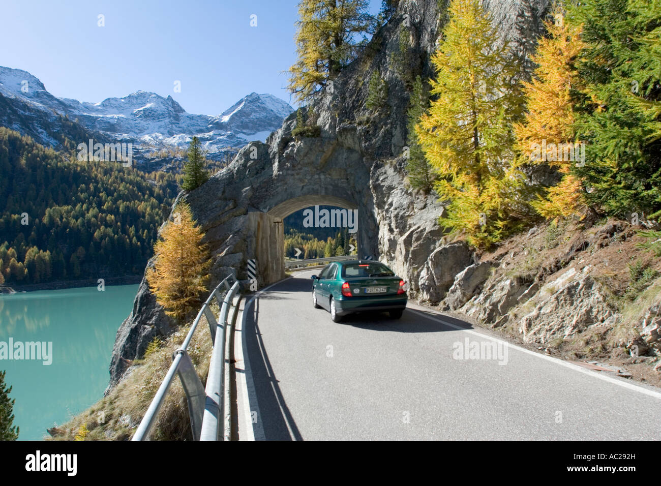 Road alongside Gioveretto lake, Martell valley, Alto Adige, Italy Stock ...