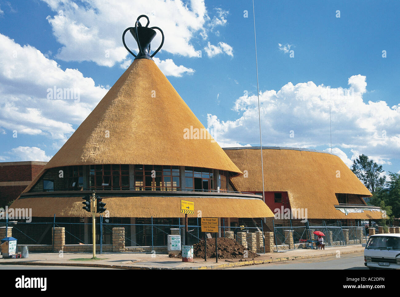 Newly built Modern craft centre shaped like a typical conical style hat ...