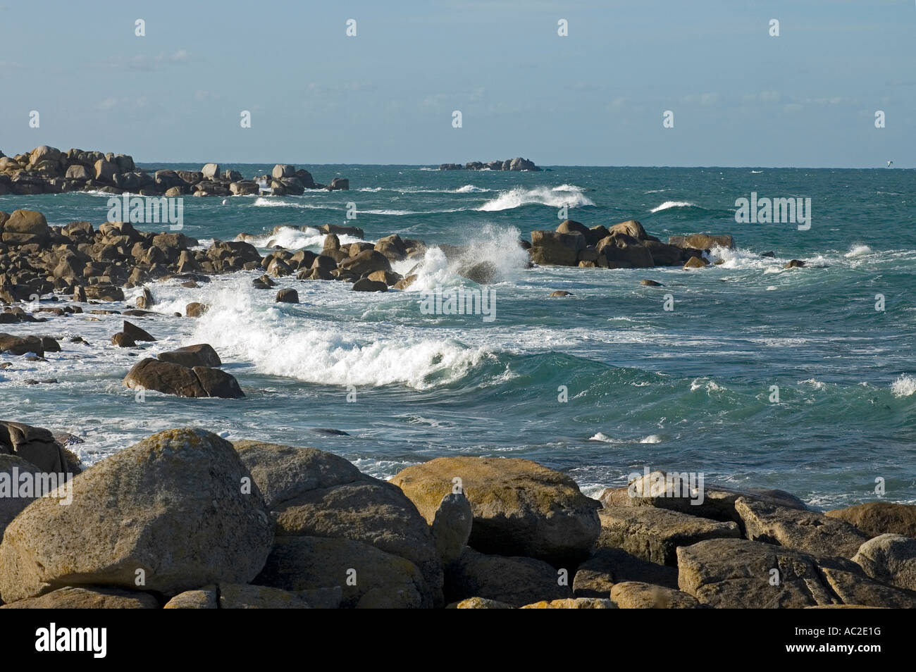 sea Atlantic Ocean with granit rocks at the coast in Finistere Brittany ...