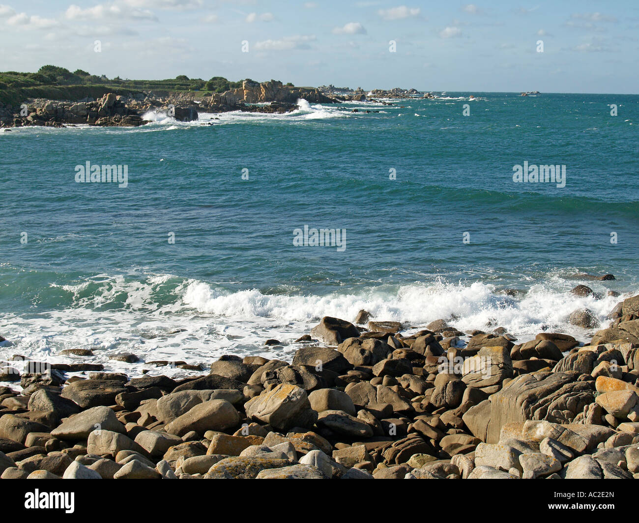 sea Atlantic Ocean with granit rocks at the coast in Finistere Brittany ...