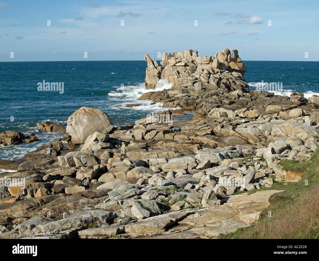 sea Atlantic Ocean with granit rocks at the coast in Finistere Brittany ...