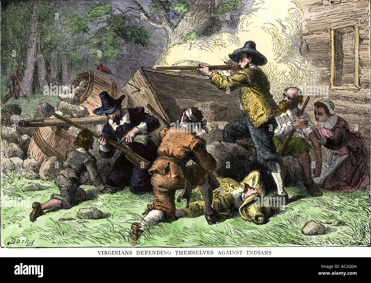 Colonial Virginians defending themselves from attack by Native Stock ...