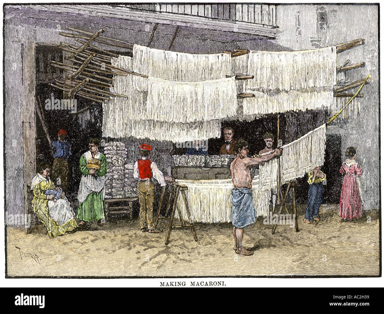 Italian vendors making pasta in Naples 1880s. Hand-colored woodcut ...