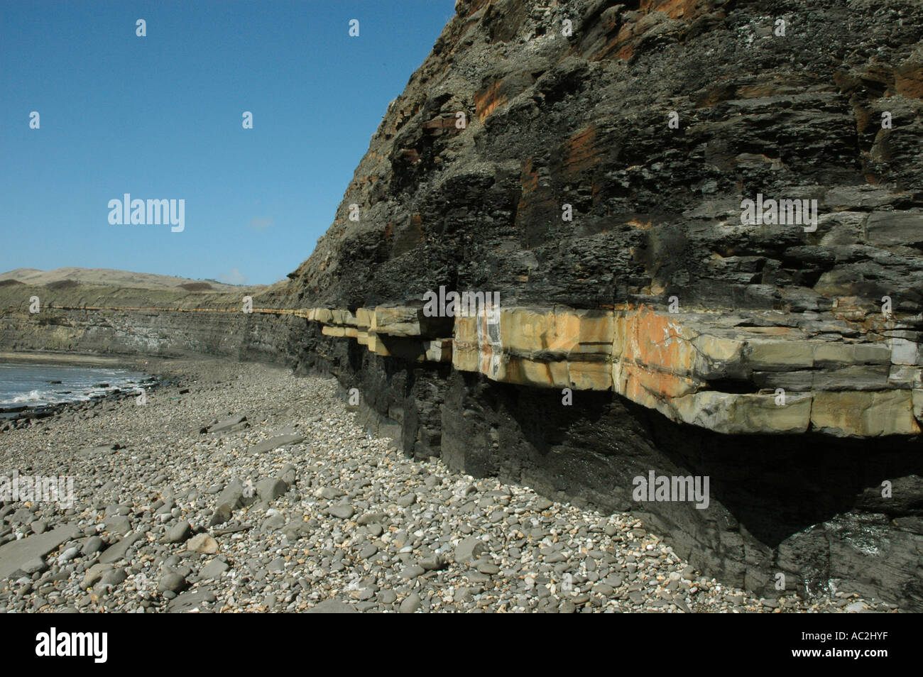 Strong rock layer running through cliffs at Kimmeridge Bay, Dorset ...