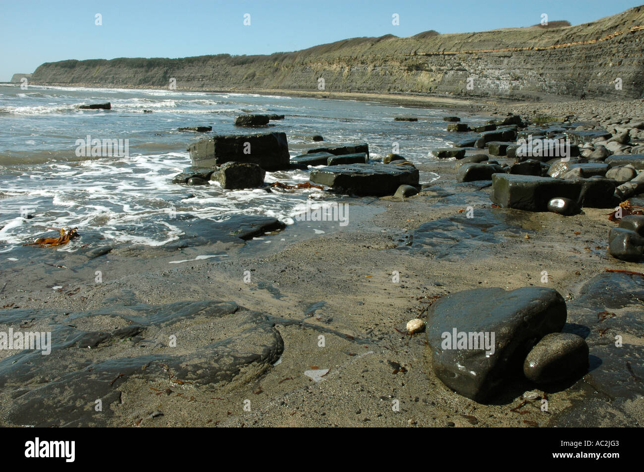Blocks of Dolomite and Bituminous shale at Kimmeridge Bay, Dorset ...