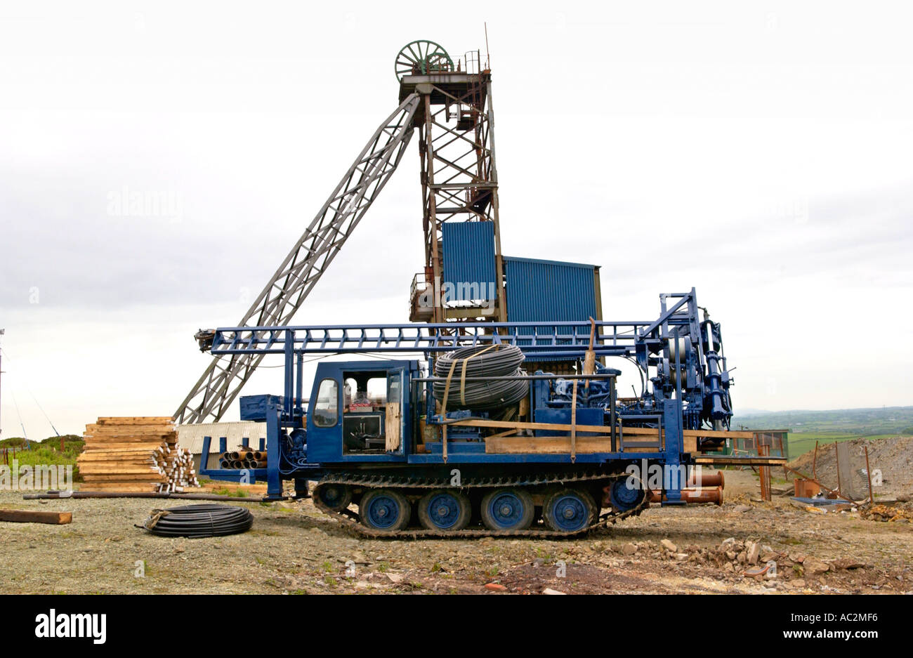 Parys Mountain copper mine exploration drilling rig and pit head shaft ...