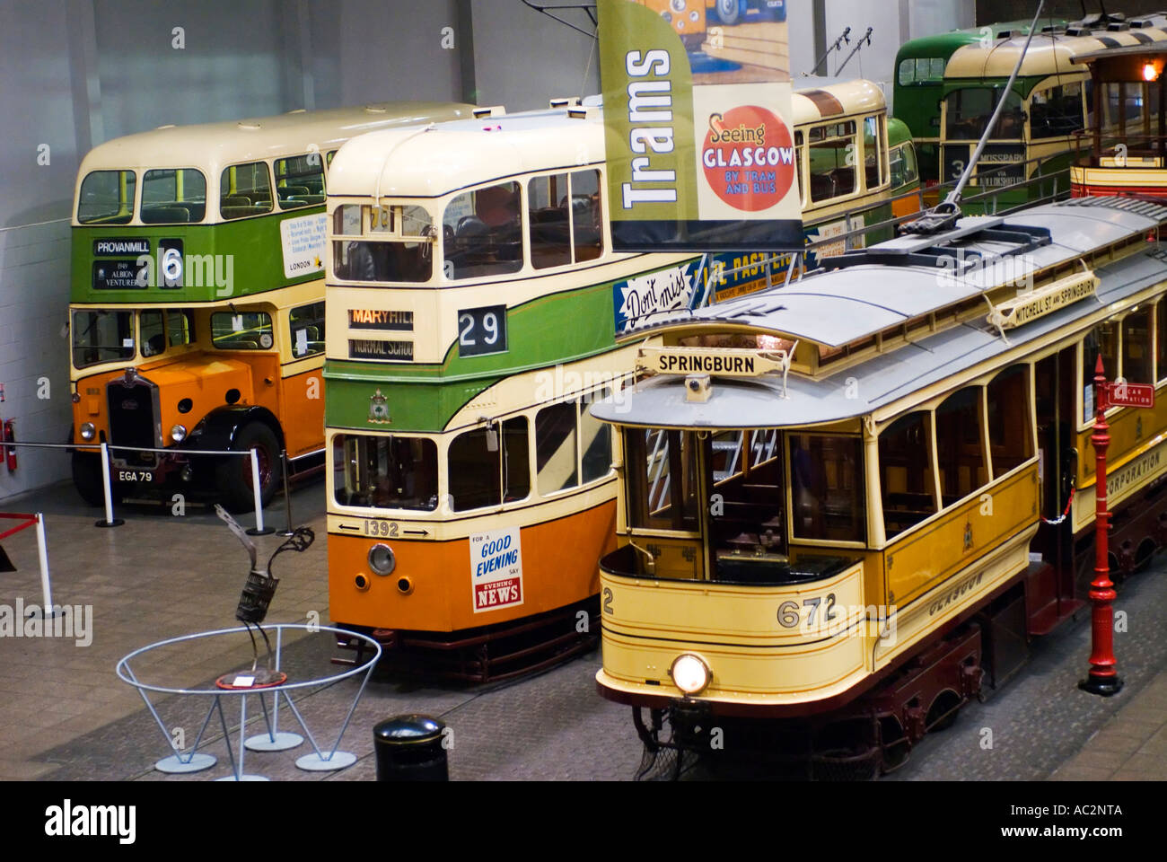 Old trams and buses on display at Glasgow Museum of Transport Stock ...