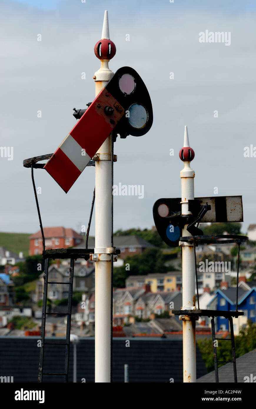 Signals at Railway yard Aberystwyth with the town behind Stock Photo ...