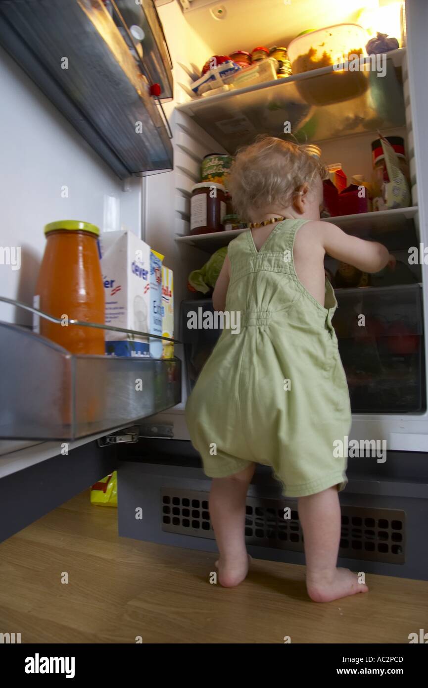 baby investigating the contents of the open fridge Stock Photo - Alamy