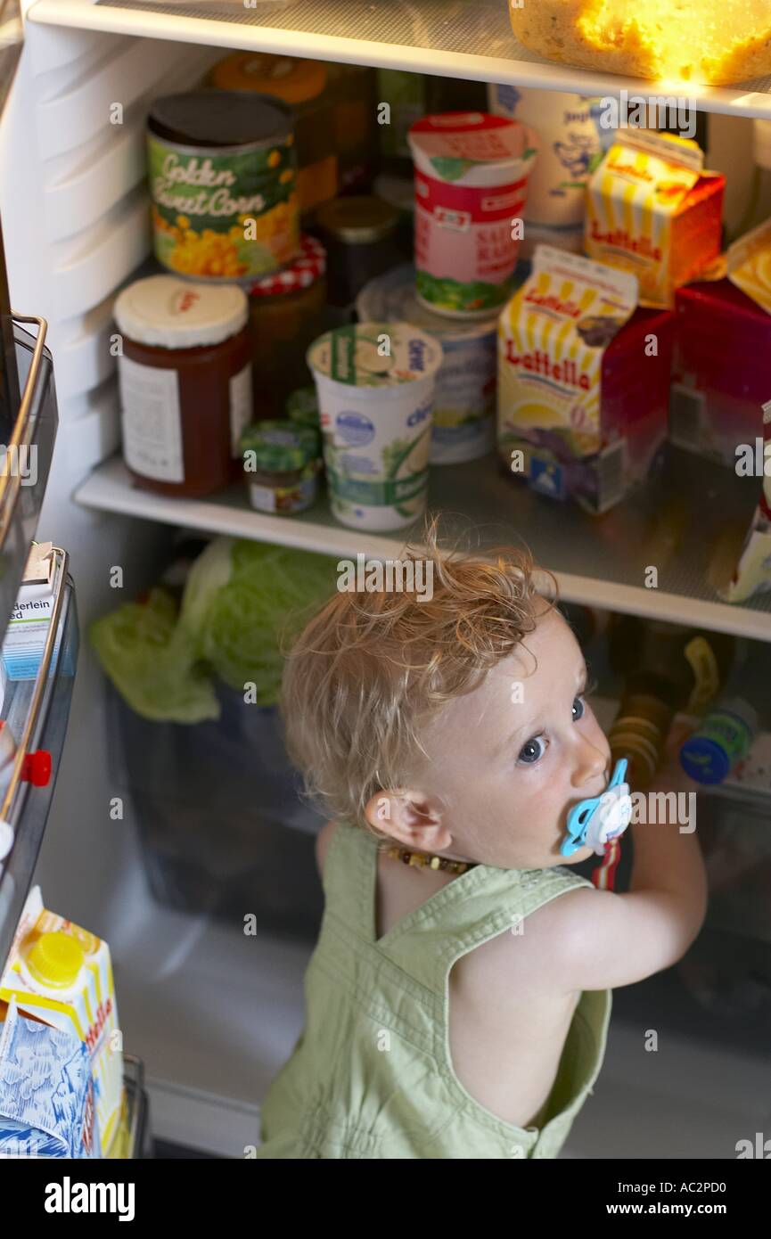 baby investigating the contents of the open fridge Stock Photo - Alamy