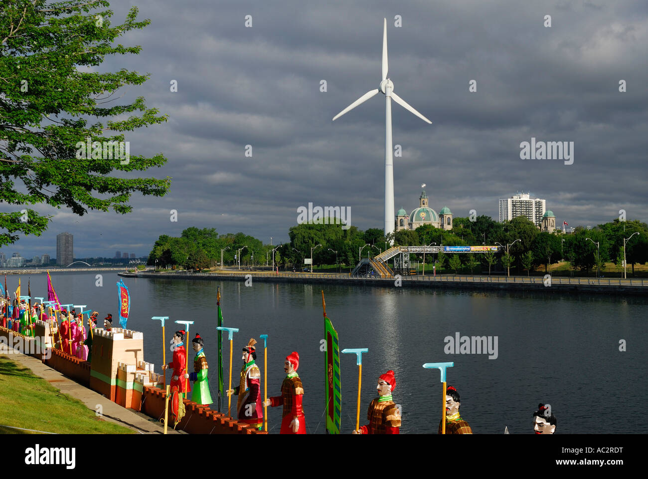 View of Exhibition Place wind turbine from Ontario Place with colorful ...