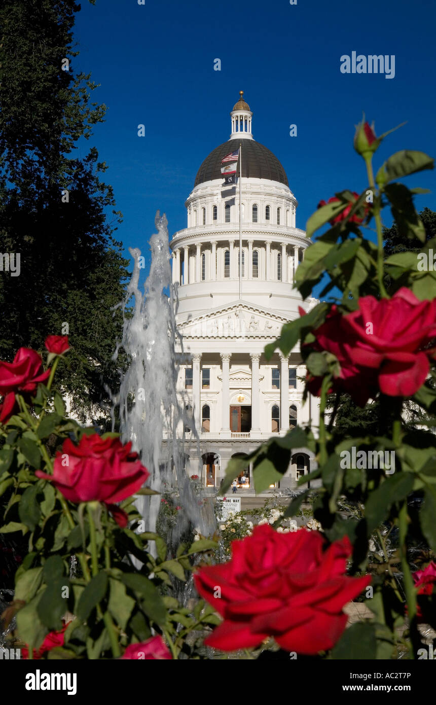 Fountain and roses in front of the State Capitol Building in downtown ...