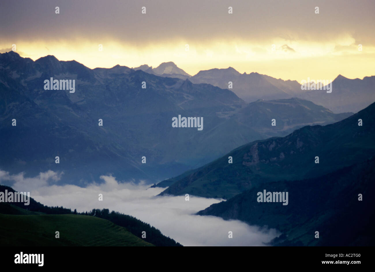 France the pyrenees range mountains at sunset from the tourmalet pass ...