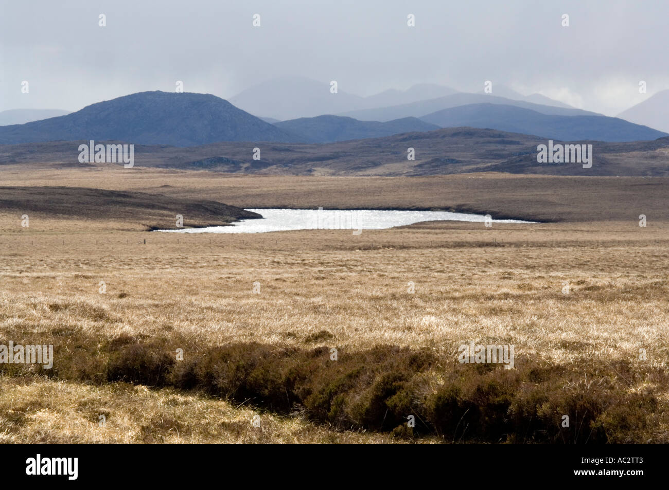 Landscape of moorland with loch and mountains on the background, Isle ...
