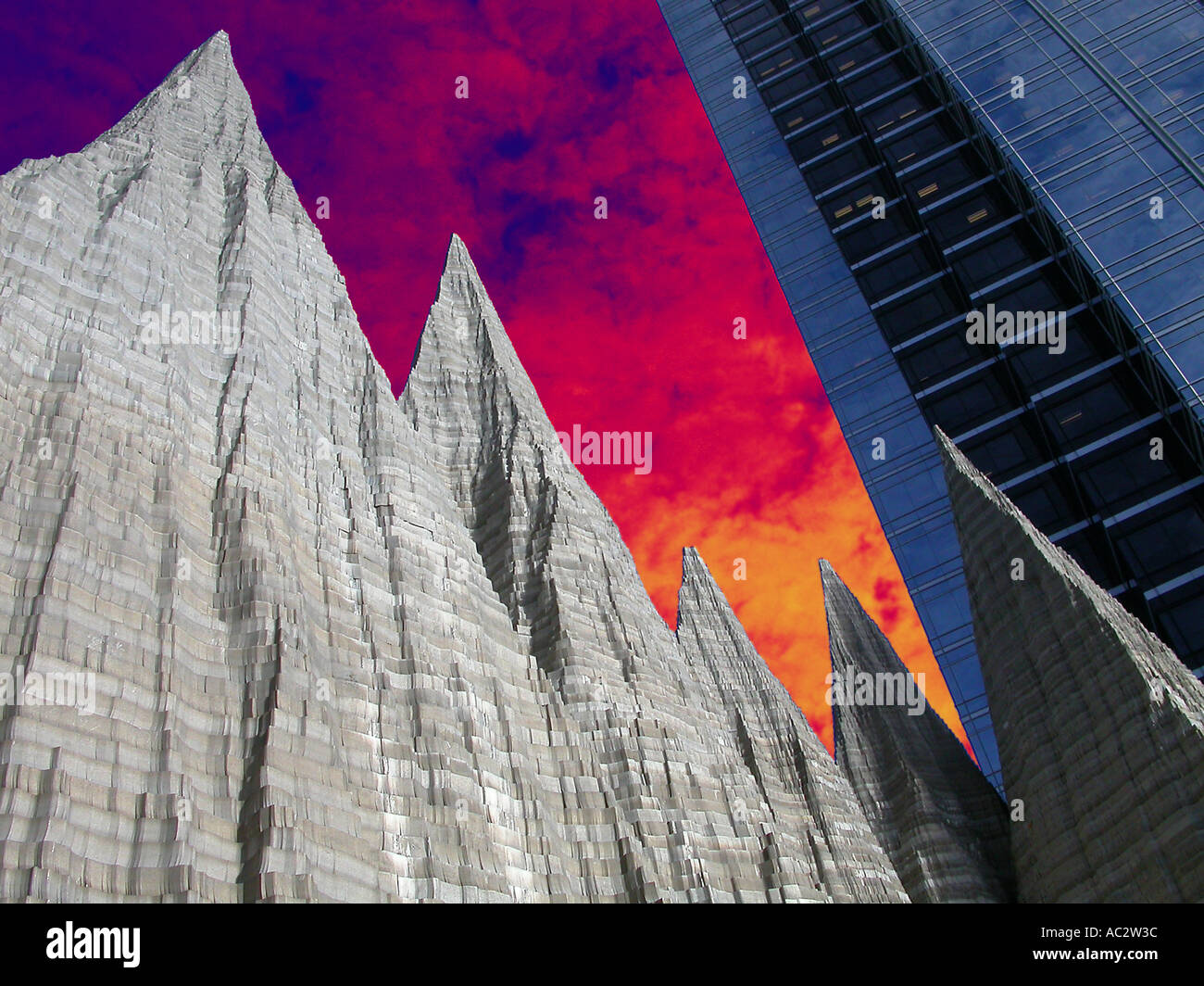 Red sky blue tower and gray aluminum mountain sculpture between Simcoe ...