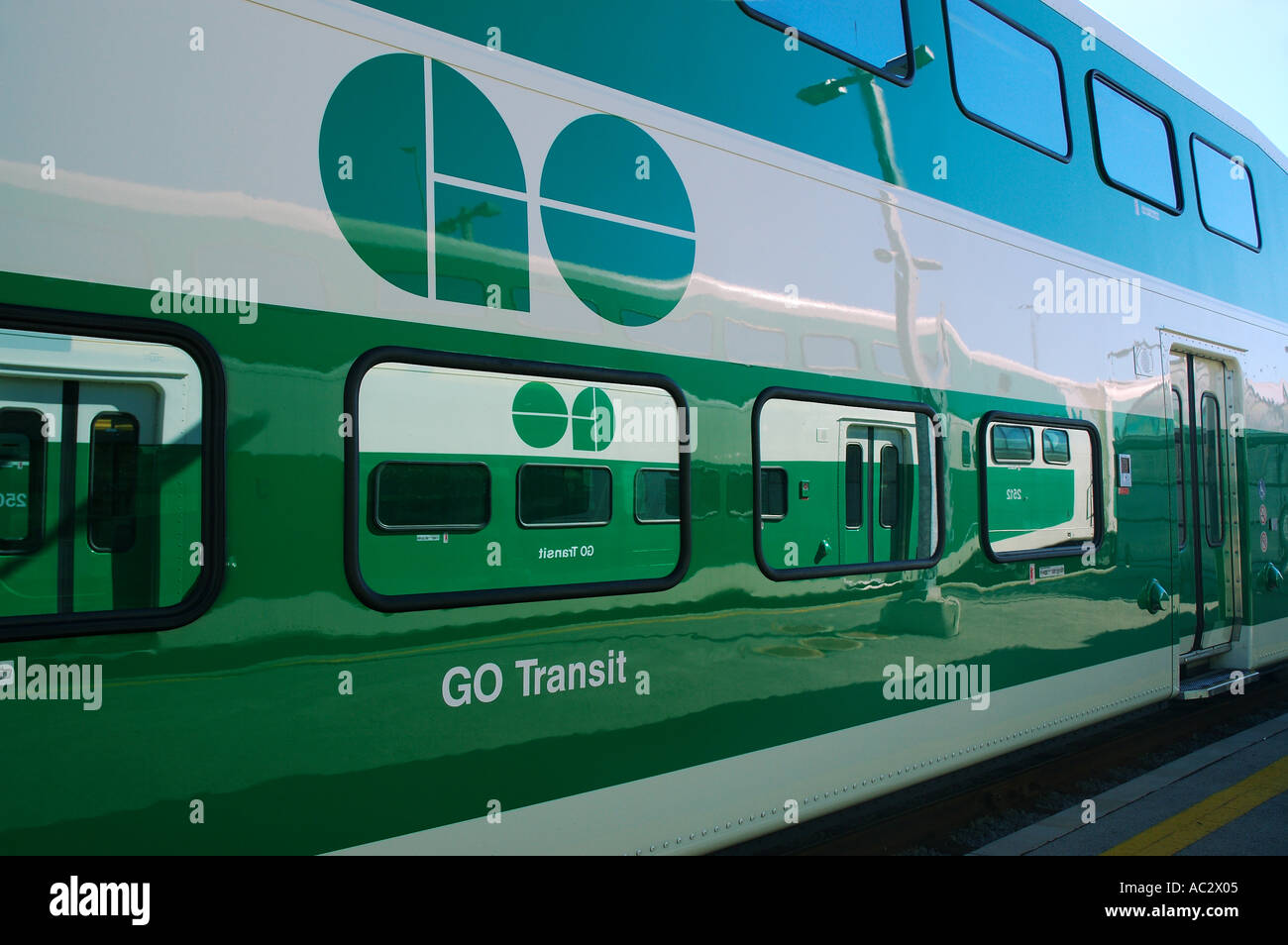 GO transit commuter train mirrored in windows Ontario Stock Photo - Alamy