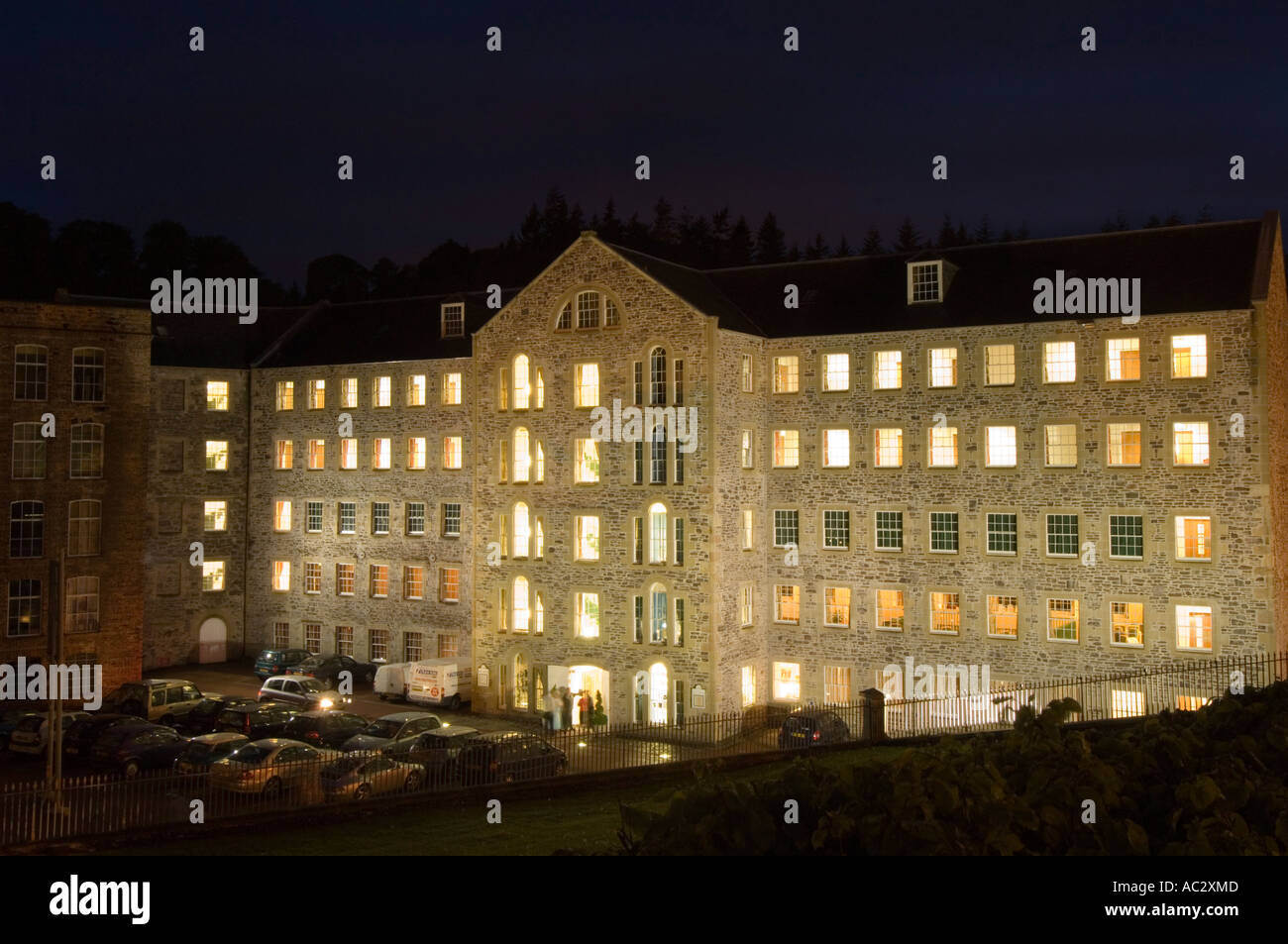 New Lanark at night, converted mill buildings, World Heritage site ...