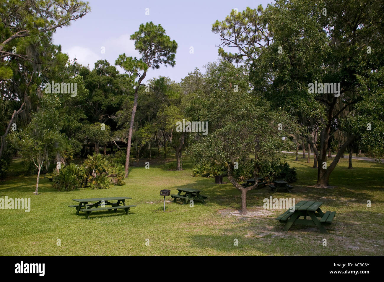 Picnic area with picnic tables and benches for lunch Stock Photo - Alamy