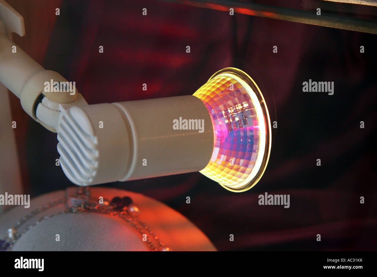 Small spotlight set up in a shop window to highlight products for sale ...