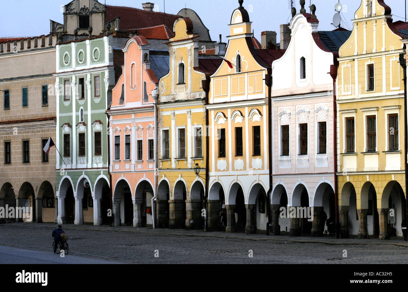 The 16th Century fascades in the medieval town of Telc in South Moravia ...