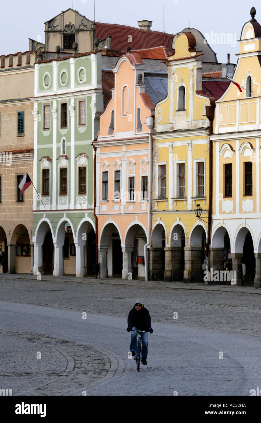 The 16th Century fascades in the medieval town of Telc in South Moravia ...