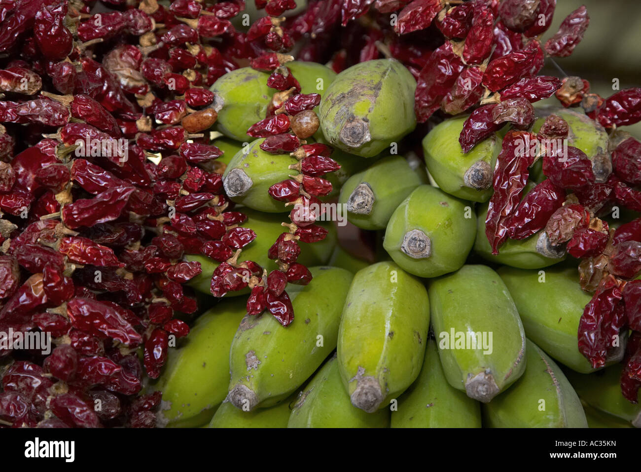 common banana and chili (Musa paradisiaca var. sapientum), fruit market ...
