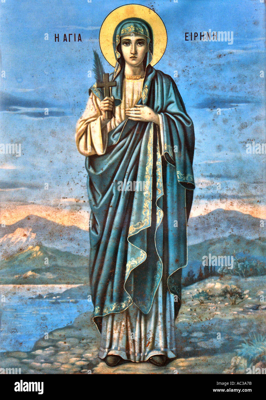 Saint Eirini Irene holding wooden cross old church Crete Krete island ...