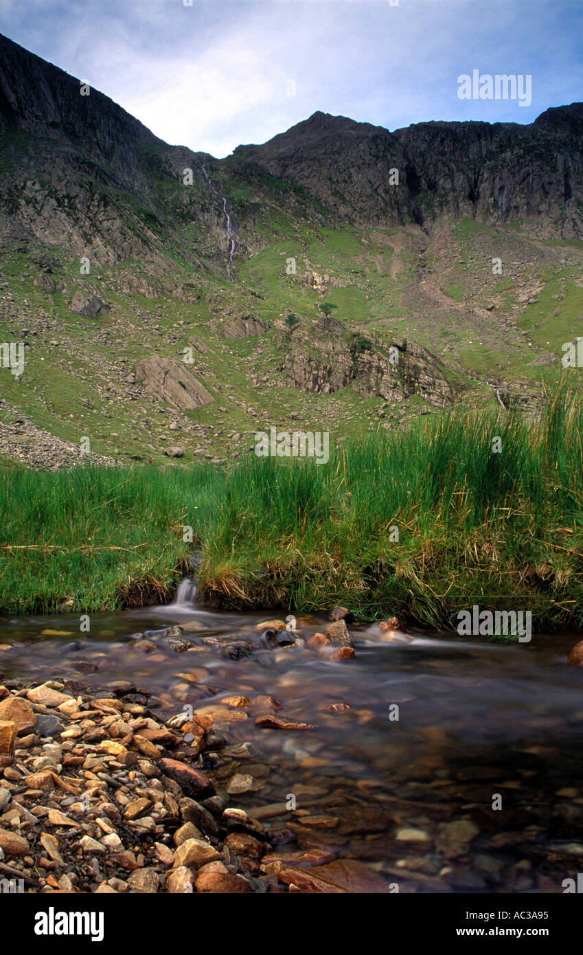 A stream that enters Llyn Idwal with the Glyders mountain range and ...