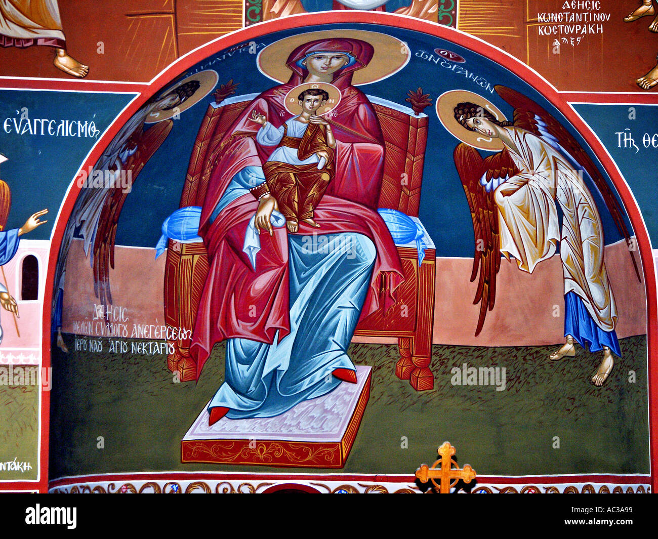 Virgin Mary holding child Jesus Christ wall illustration church Crete ...