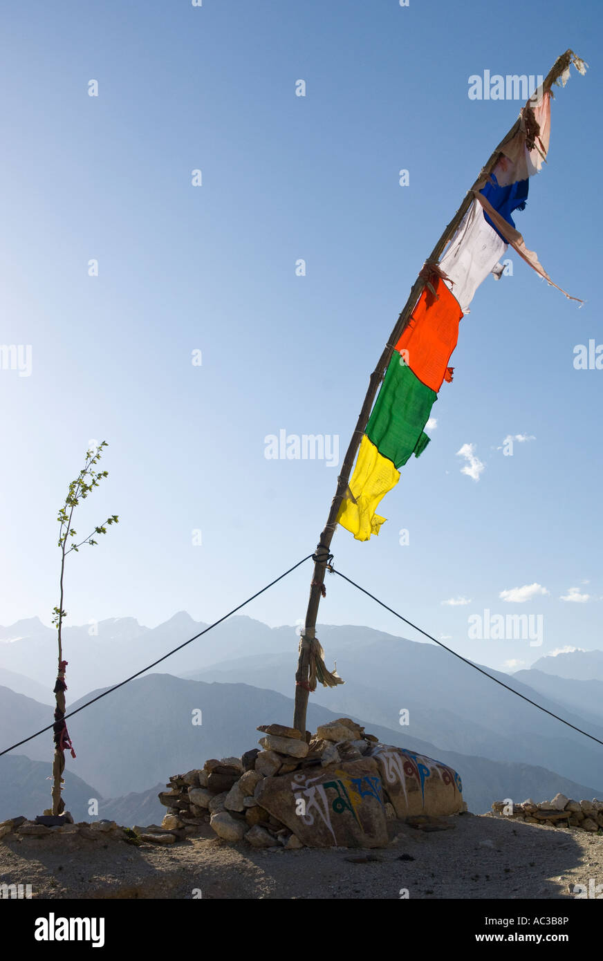 India Himachal Pradesh Spiti Nako village 2950m backlit prayer flags on ...