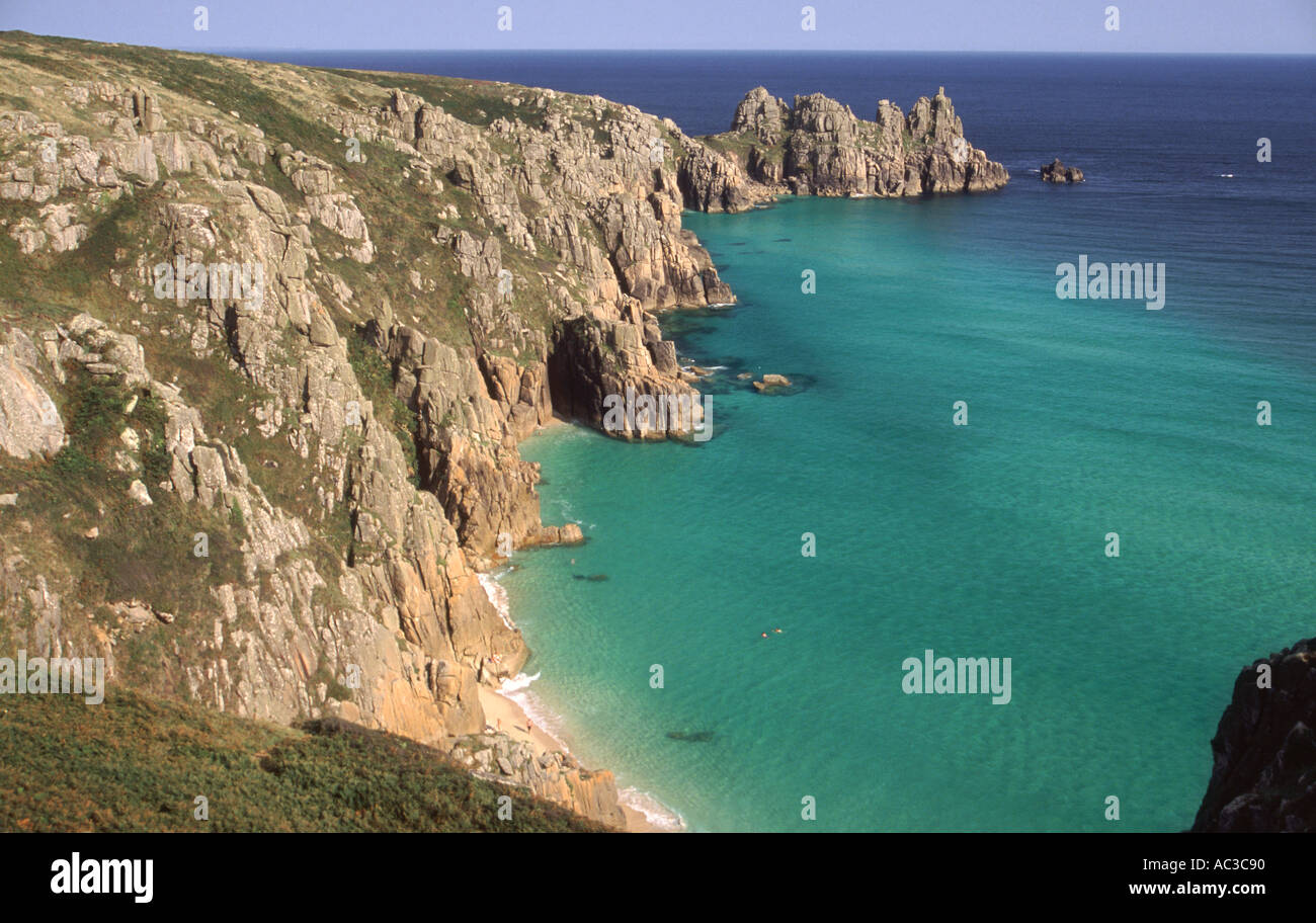 A view over Treen beach to Logan Rock near Penzance Cornwall Great ...