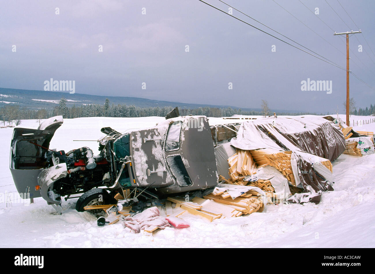 Highway Accident, Overturned Semi Trailer Truck, Load of Lumber spilled ...