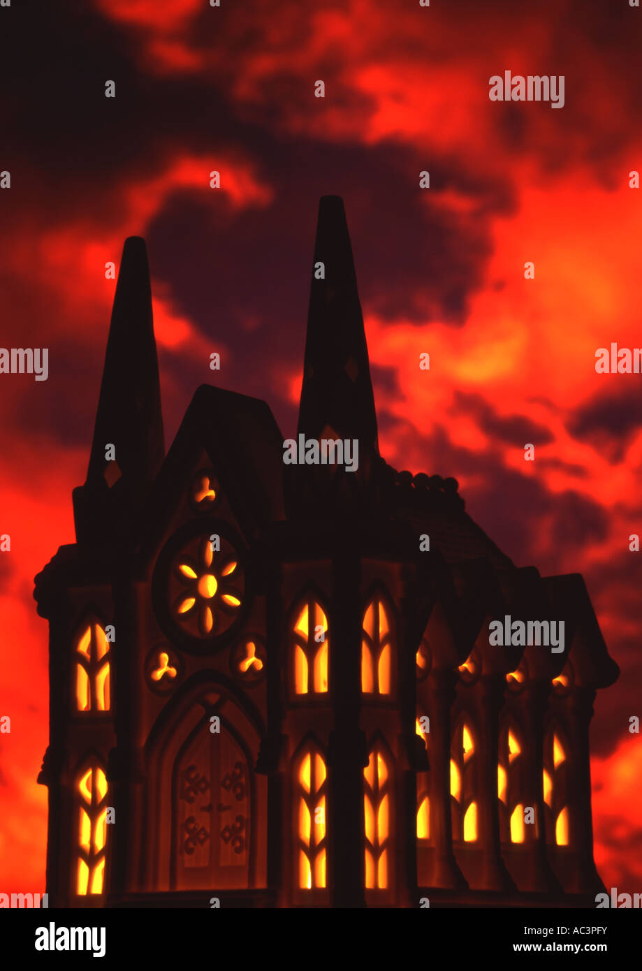 Model Of Church Lit Up Against Sunset Background (Medium Format Stock ...