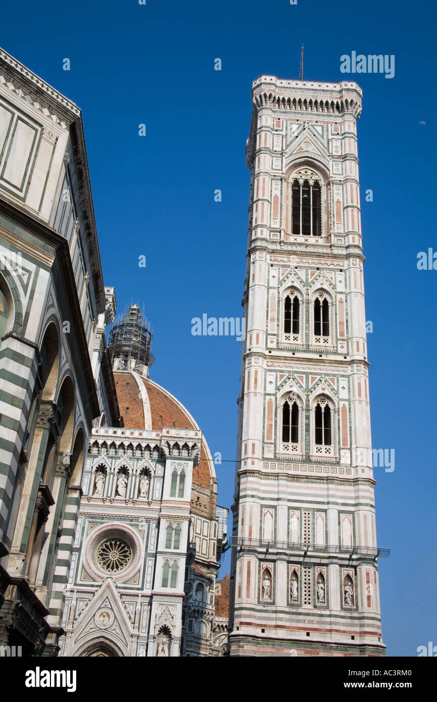 Tower of Florence Cathedral or Duomo with moon in sky in late May ...
