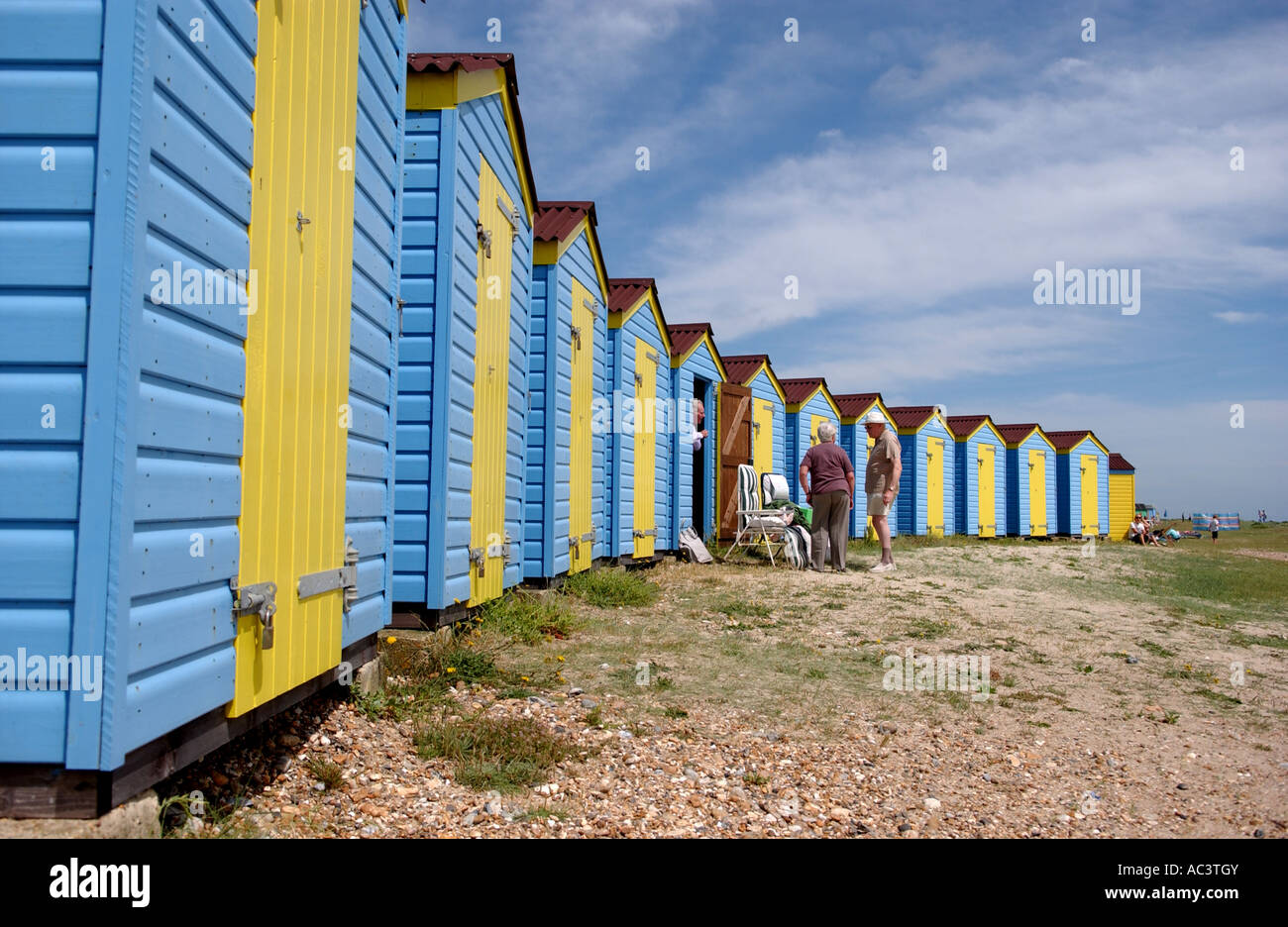 beach huts painted blue and yellow Littlehampton seafront UK Stock ...