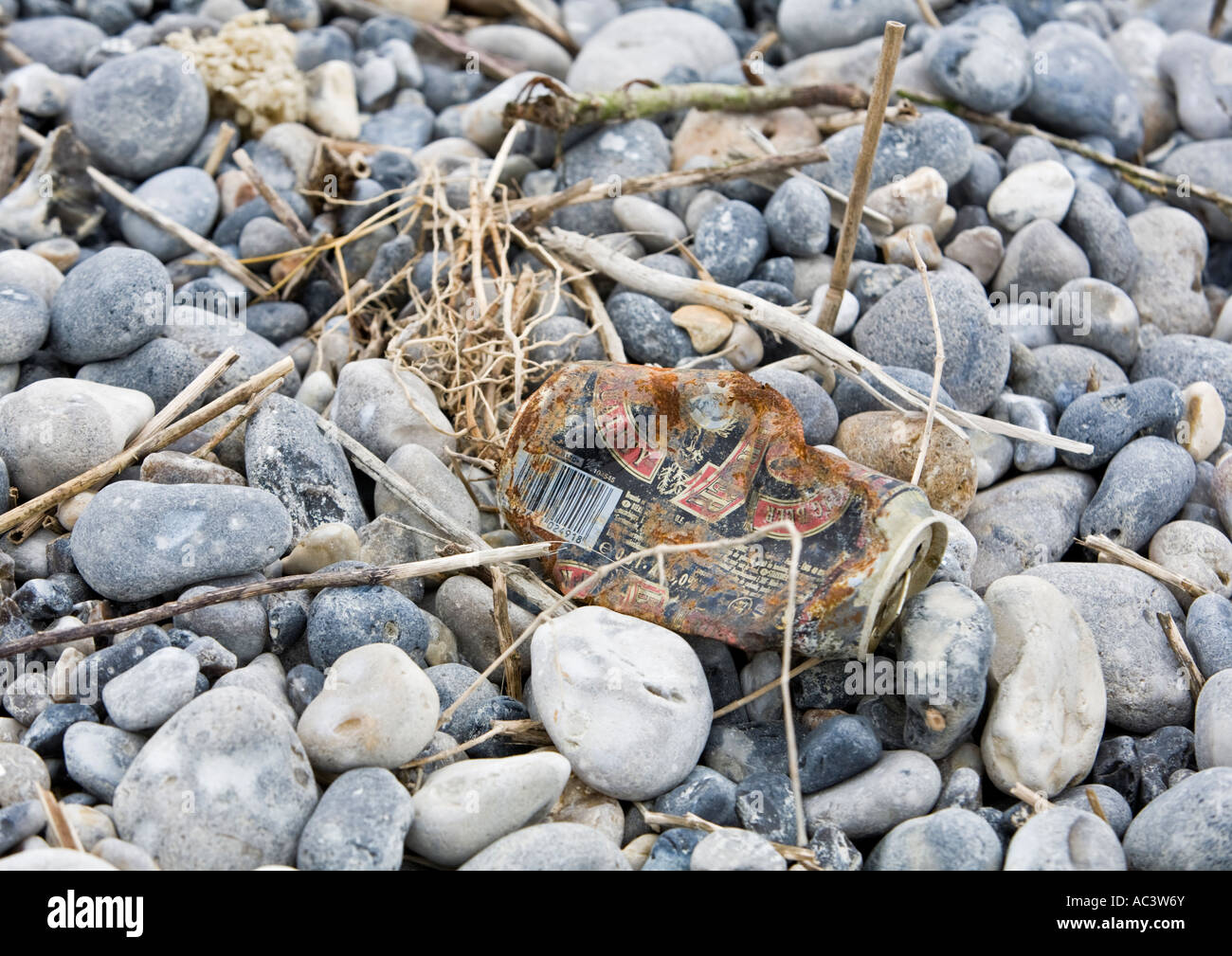 Rusty beer can thrown away on shingle beach in france eu Stock Photo ...