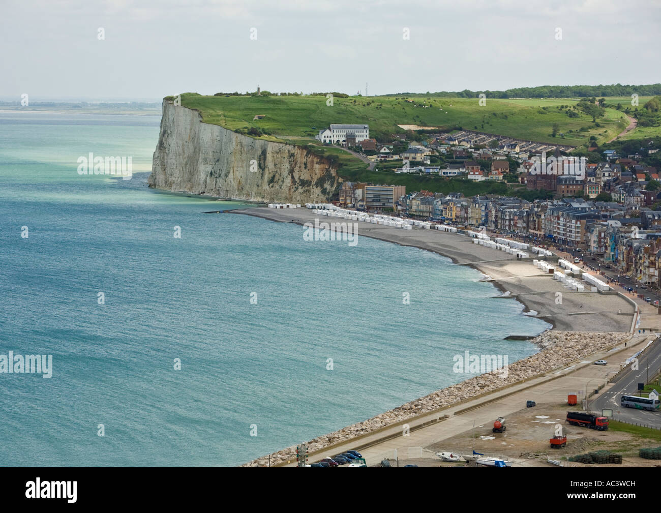 Aerial view of bay at le treport picardie showing sea and cliffs and ...