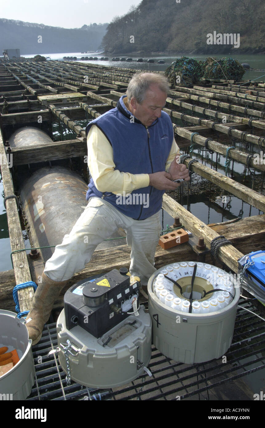 Mussels farmer checks water quality monitering equipment on his mussels ...