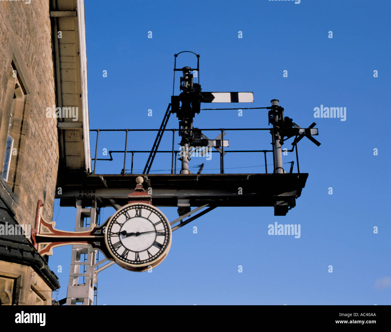 Station clock and old lever type signals on a cantilever gantry ...