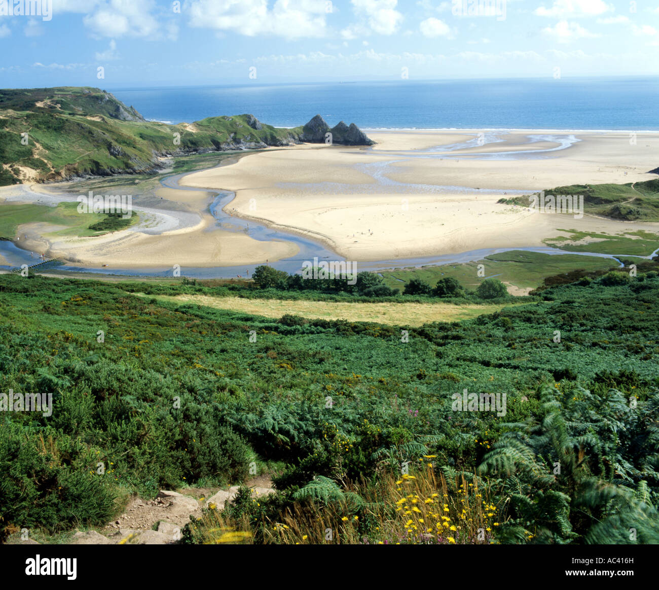 three cliffs bay from nott hill penmaen gower peninsula south wales uk ...