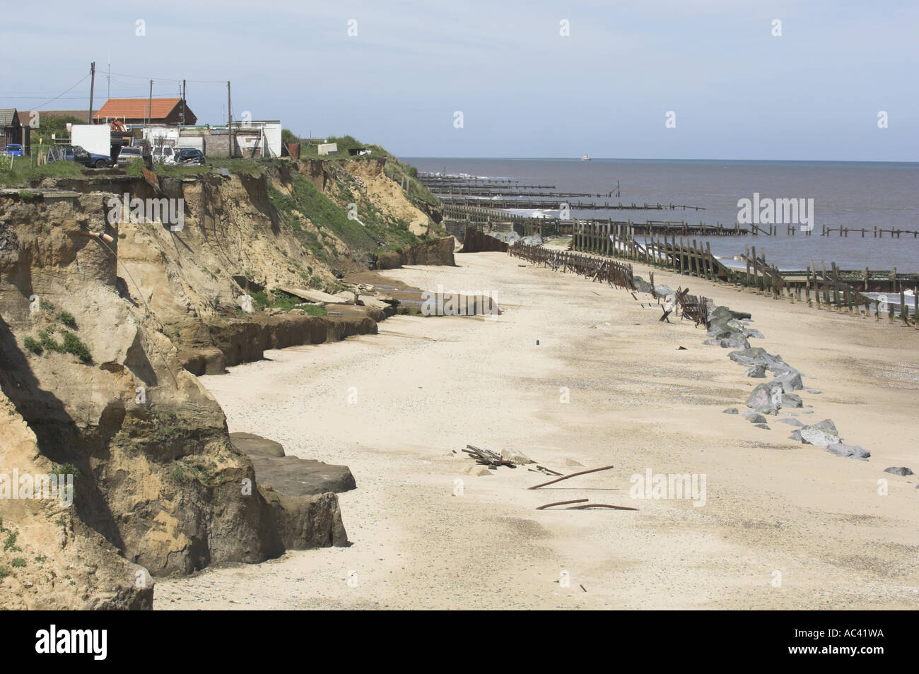 old sea defences and views of the cliffs, walcott, Norfolk, UK Stock ...
