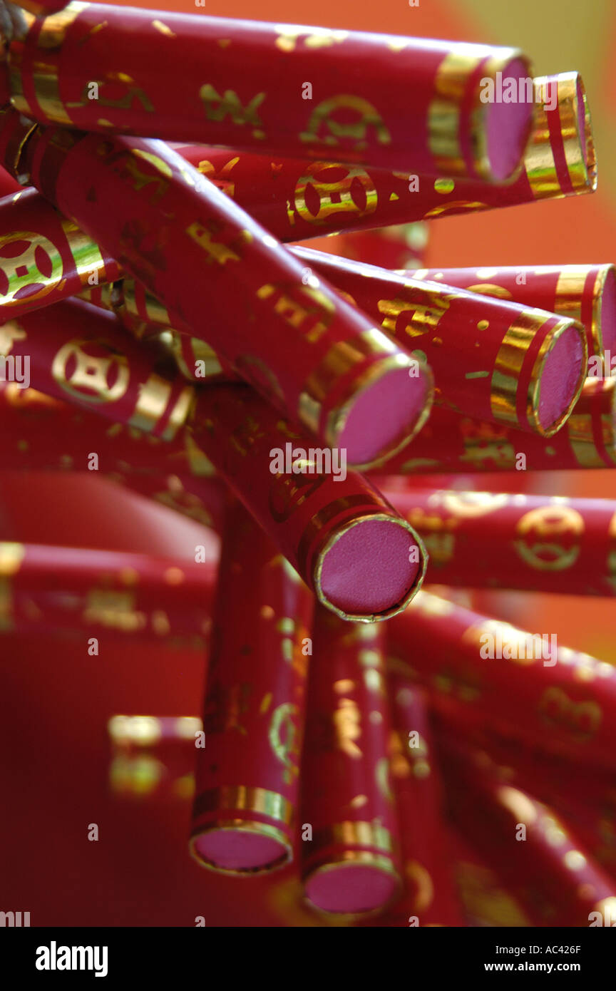 Chinese fire crackers hanging up in Haw Par Villa Singapore Stock Photo ...